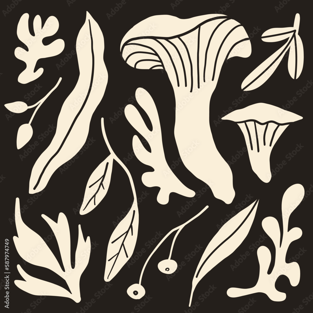 Tropical leaf and mushroom graphic background. Lithography style ...