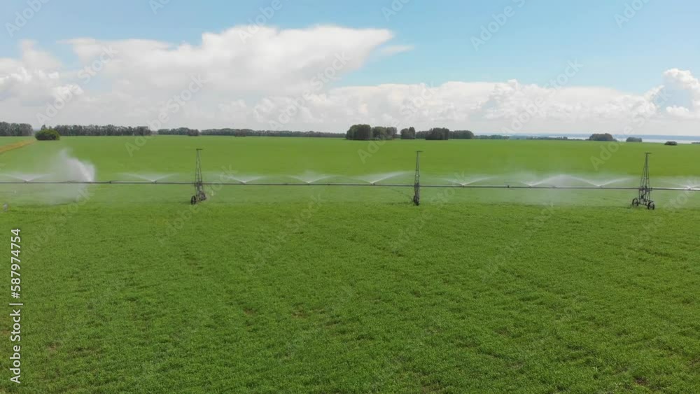 Irrigation pivot system watering agriculture field. Aerial view drone ...