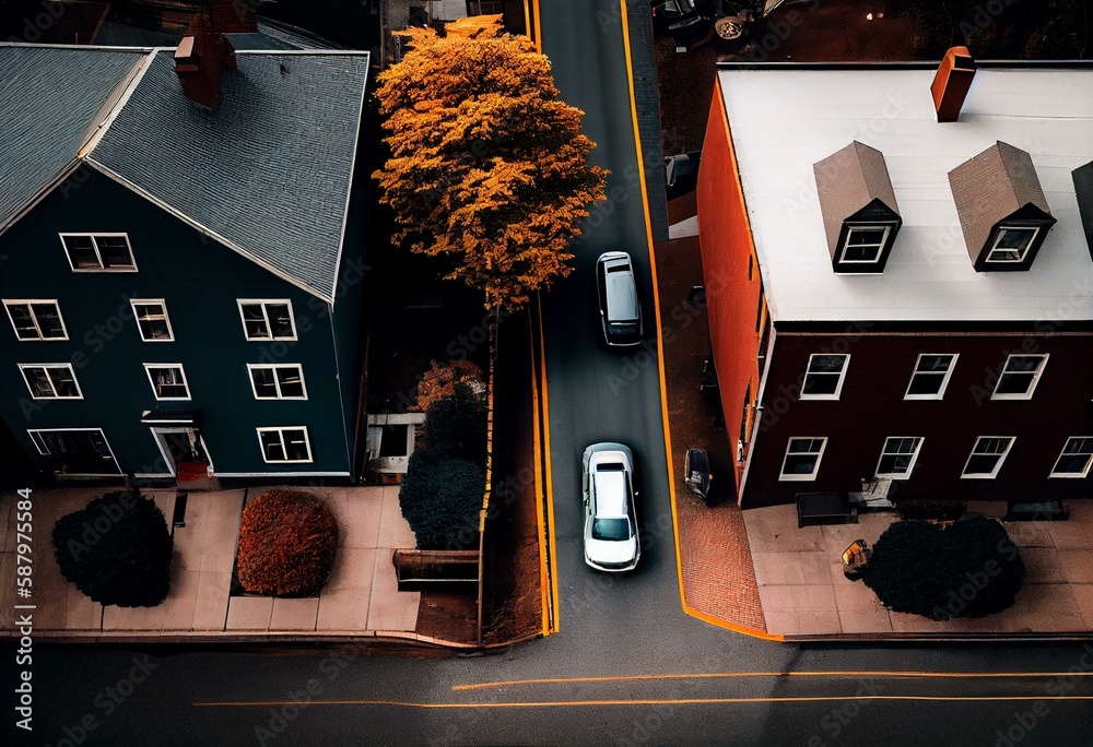 Top view of two parallel streets with single family houses and cars ...