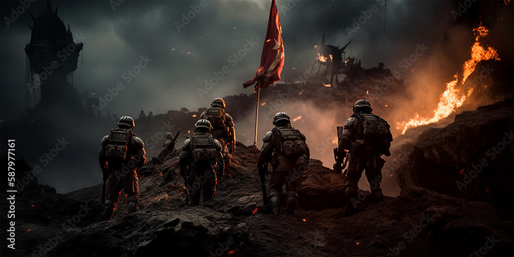 Generative art depicting soldiers in a war-torn world, surrounded by ...