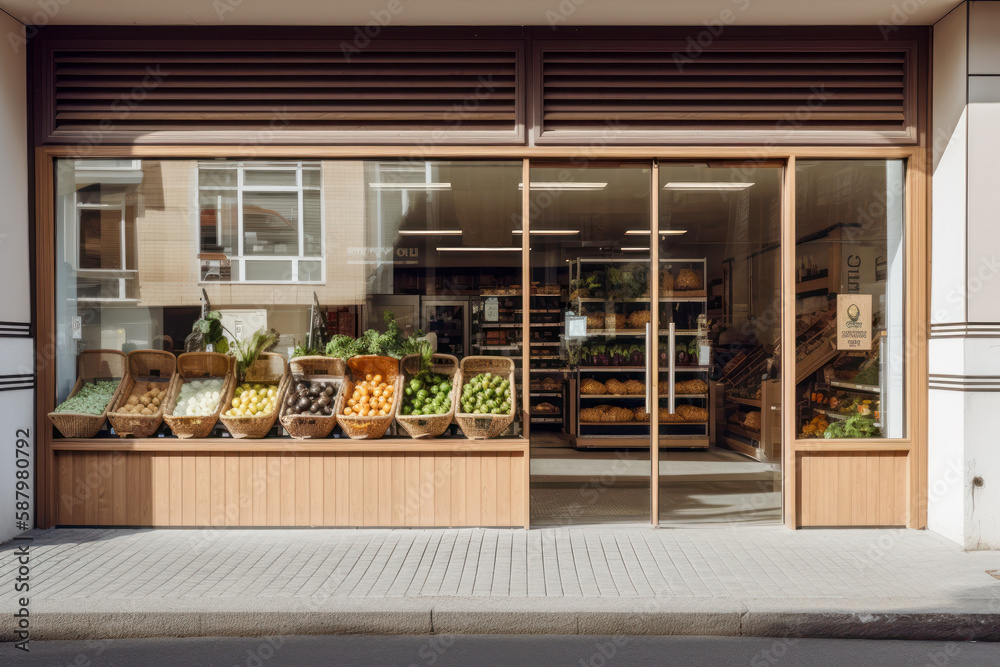 Modern grocery store exterior featuring a large window display and ...