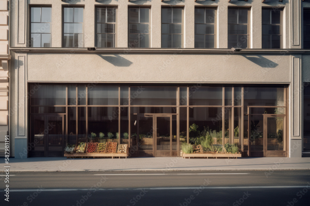 Modern grocery store exterior featuring a large window display and ...