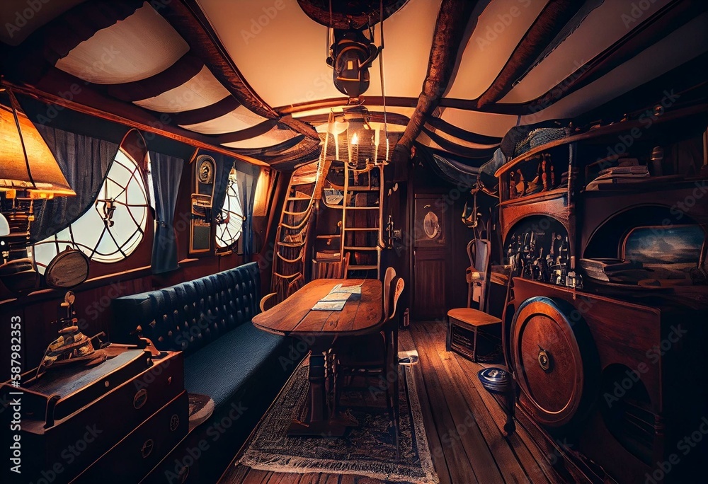 yacht interior in old style of pirate ships with dark furniture and ...