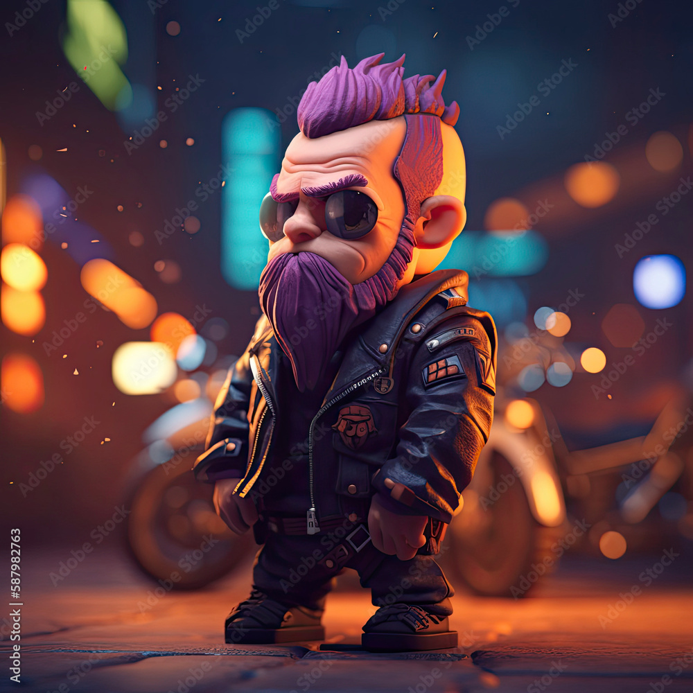 Tough Biker gang member, in realistic 3D film animation toy style. An ...