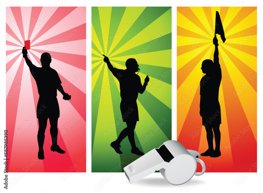 Soccer referee silhouettes - showing the red card, offside, goal, var ...