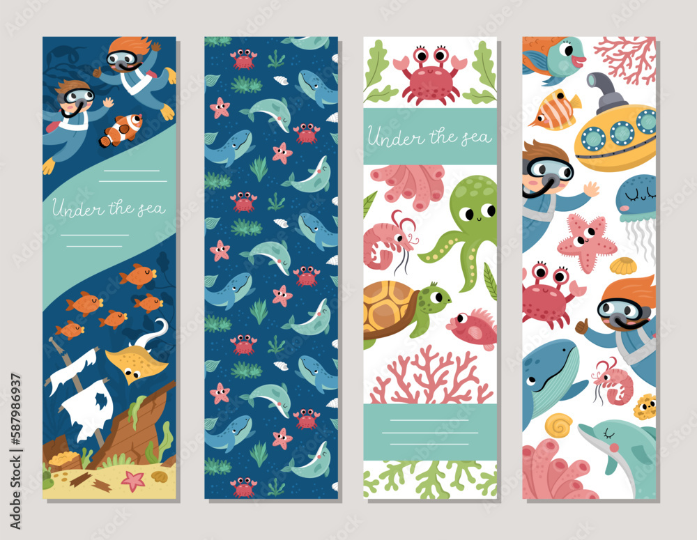 Cute under the sea vertical cards set with dolphin, whale, tortoise ...