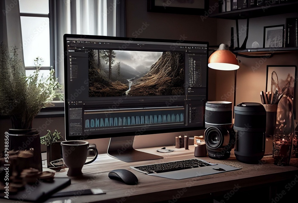 Stylish workspace with computer mockup screen on home or studio, AI ...