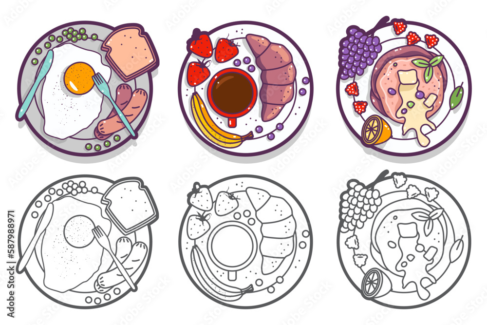 Breakfast plate vector cartoon top view icons set isolated on a white ...