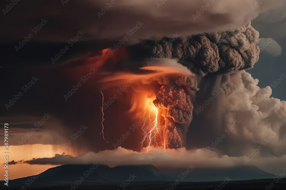 A big volcano erupts with a dark ash cloud in the sky with lightning ...