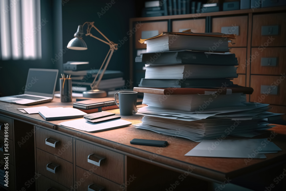 A desk with huge piles of files on it created with generative AI ...