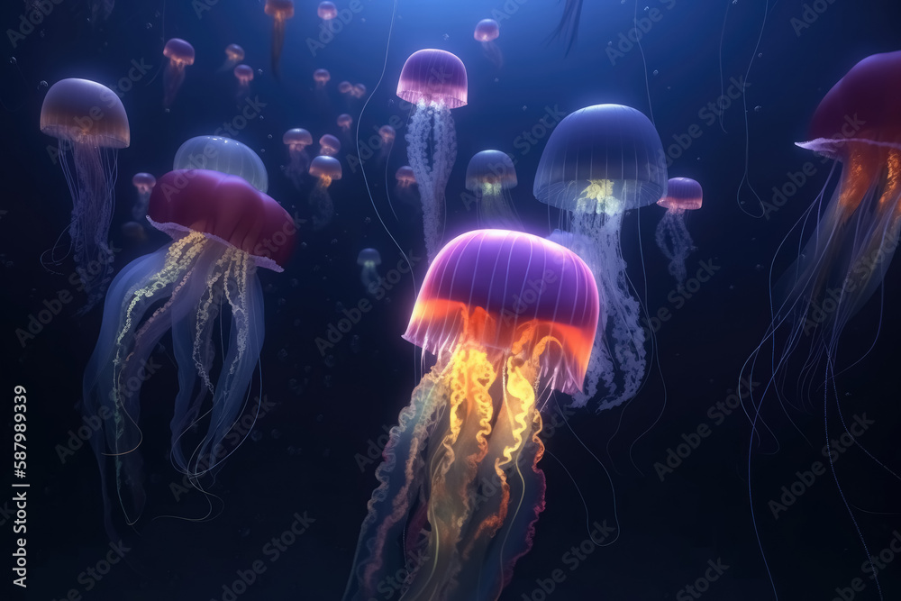 Multiple brightly coloured jellyfish in the depths of the ocean with ...