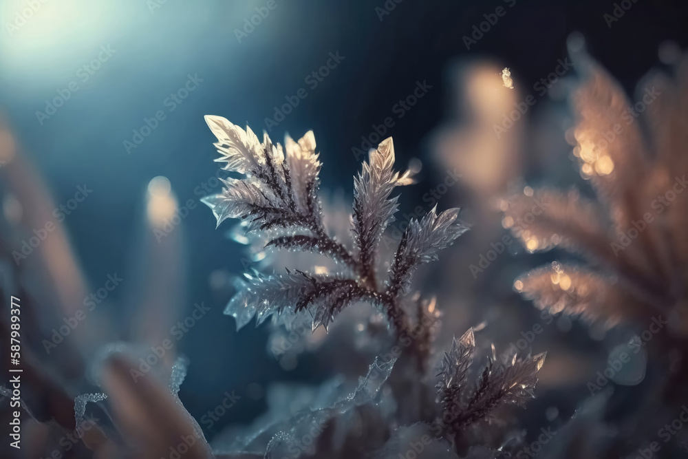 Very beautiful ice crystals in close-up against a soft winter ...