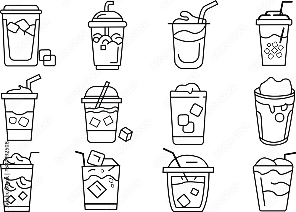 Set of ice coffee line icons. Iced coffee icons set in line style. Iced ...