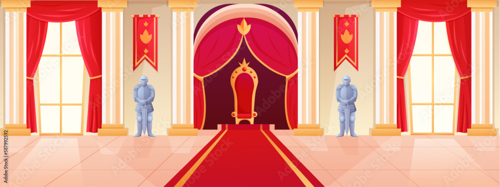 Royal kingdom hall. Castle interior. Ballroom in medieval palace. Queen ...