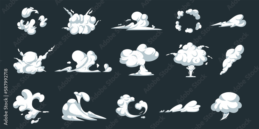 Cartoon clouds, dust smoke, wind stream. Comic effect of explosion ...