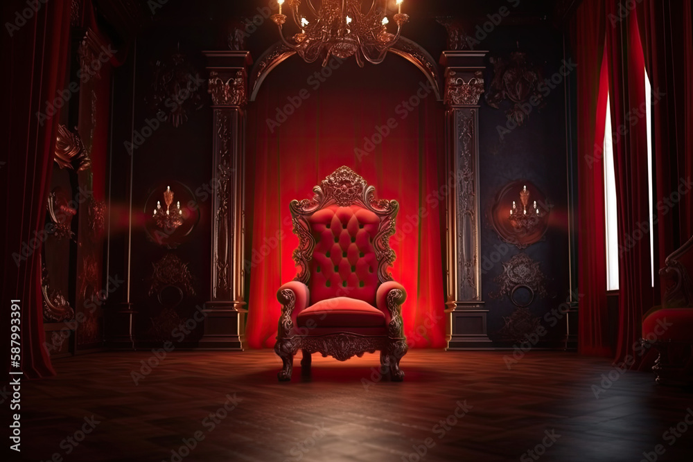 The Throne Room with golden royal chair on a background of red curtains ...