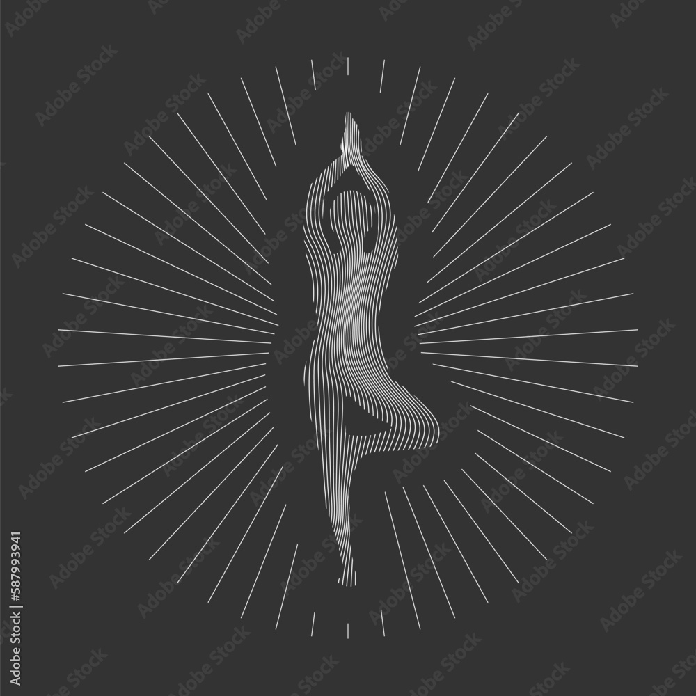 Isolated yoga label with Tree pose from waves lines. Isolated woman ...