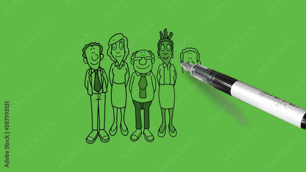 Draw group of six people men and woman stand to hold arms backside wear ...