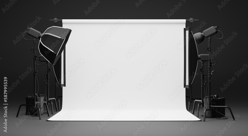 Empty Photography studio soft box flash lighting equipment blank paper ...