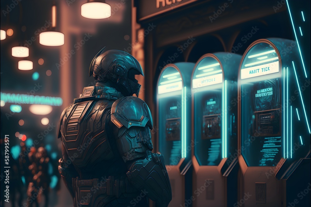 A heavily guarded security checkpoint on the street of a futuristic ...