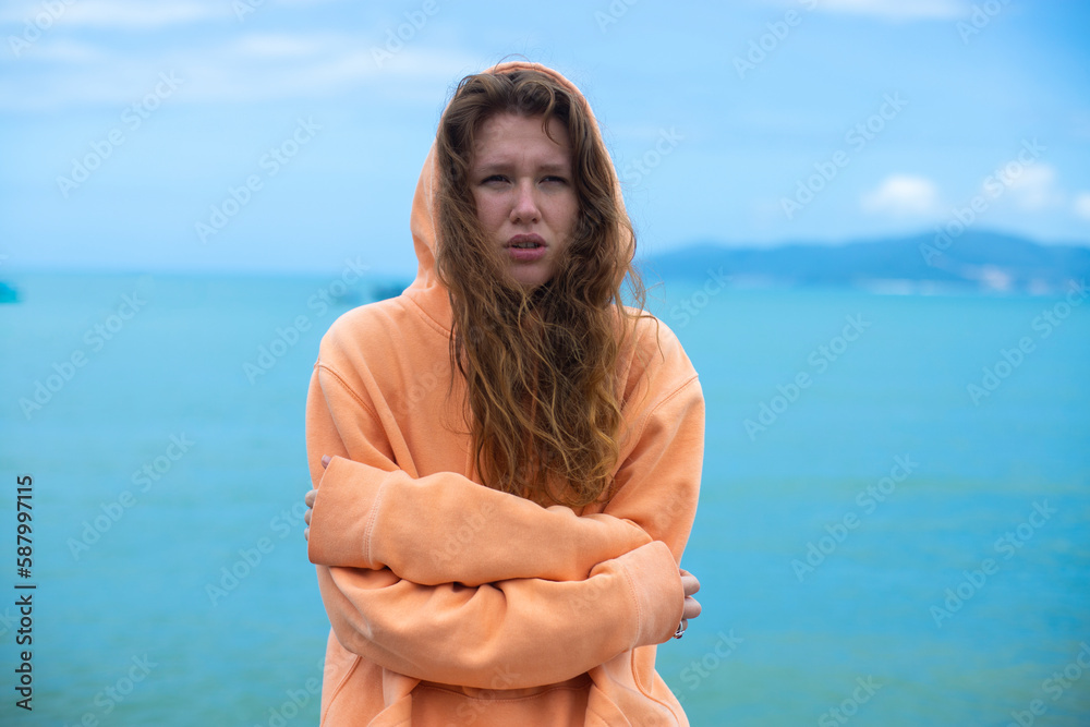 Portrait of unhappy depressed frozen trembling girl, young shivering ...