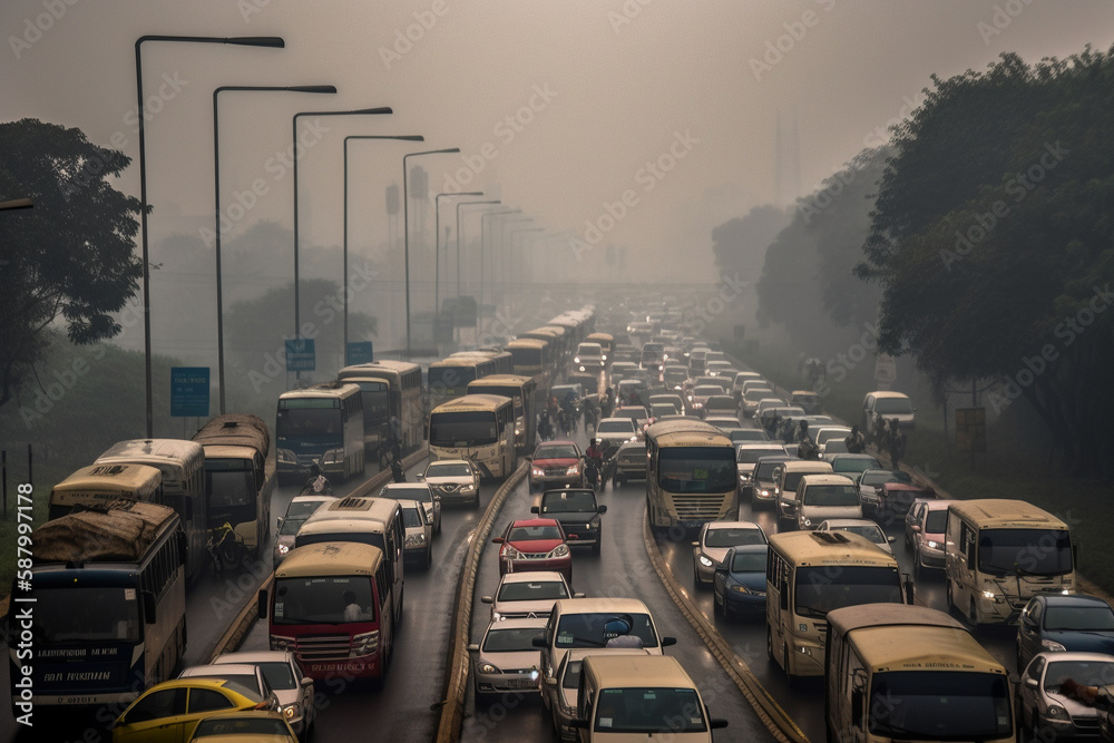 An illustration of a chaotic traffic jam on a busy highway, with ...