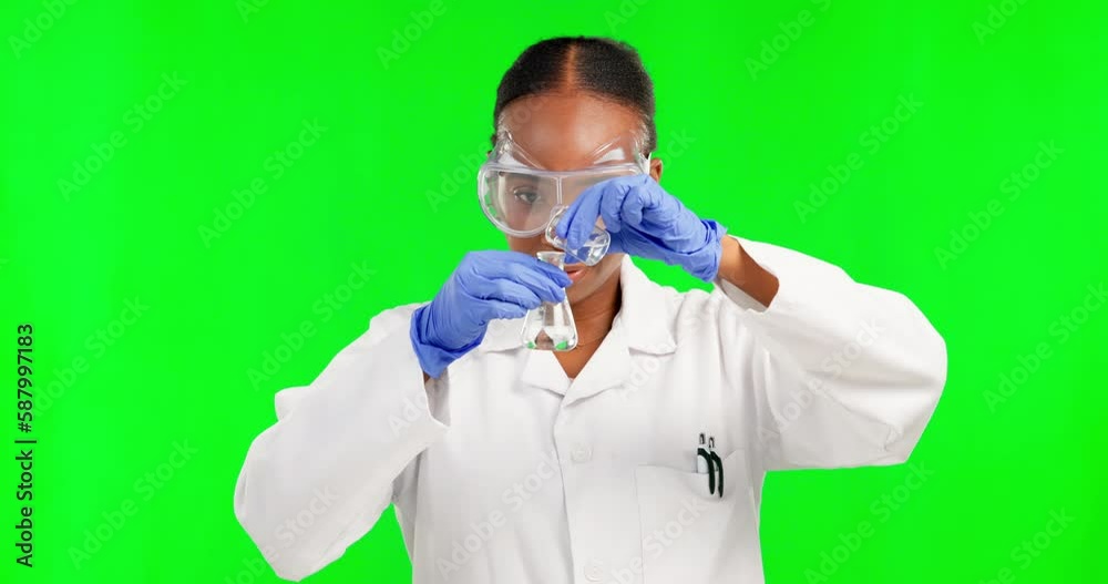 Science, green screen and black woman with chemistry beaker isolated on ...