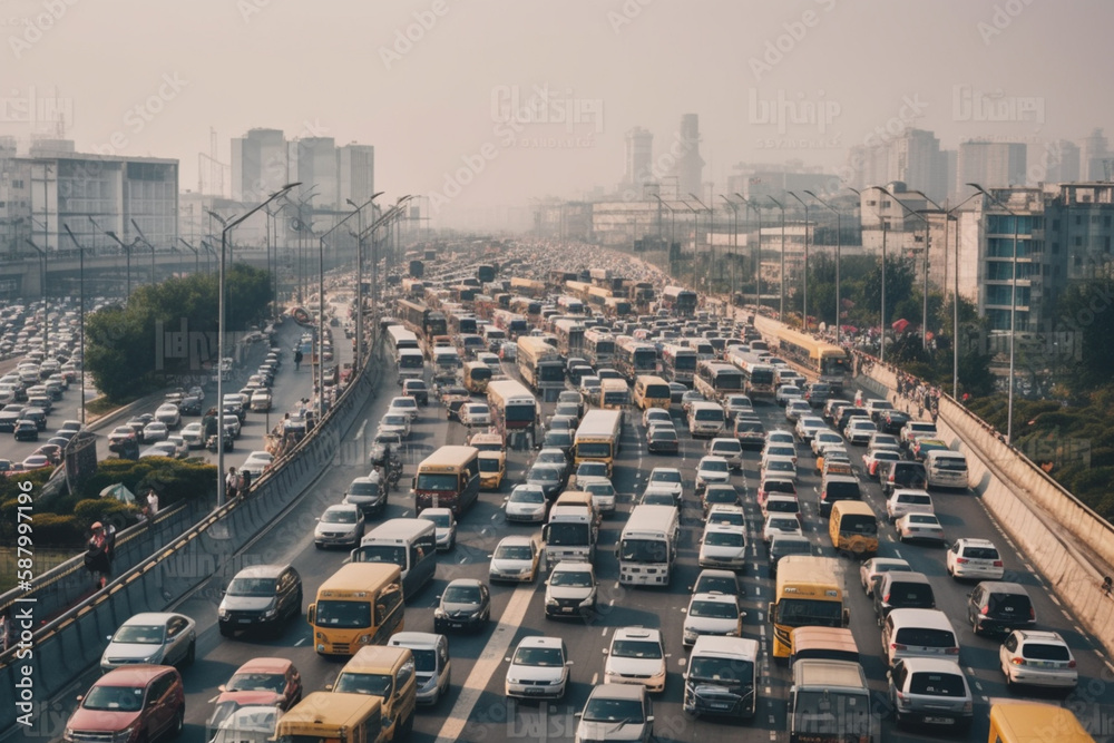 An illustration of a chaotic traffic jam on a busy highway, with ...