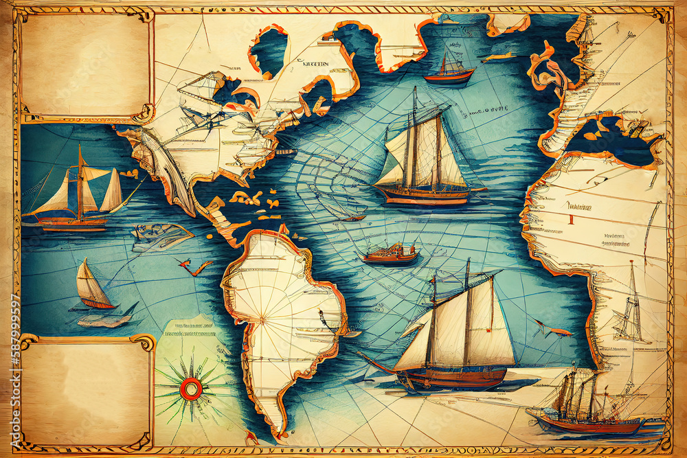 image of ancient nautical chart of sea routes of medieval ships ...