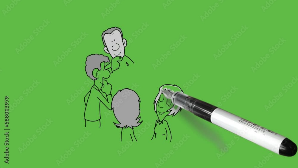 Draw group of seven people young men and women stand together in round ...