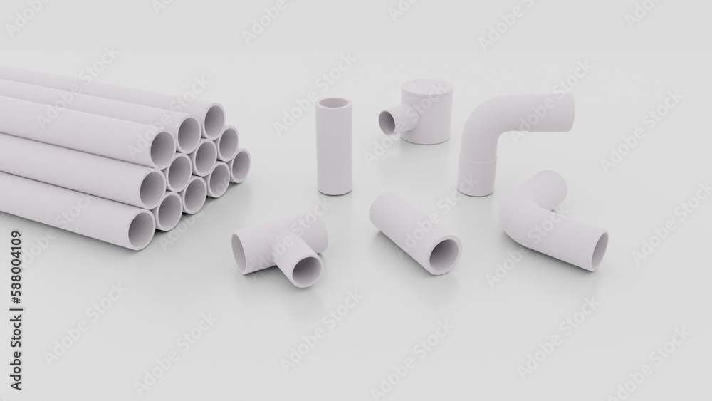 Electrical white conduit pvc pipes and connectors, realistic 3d ...