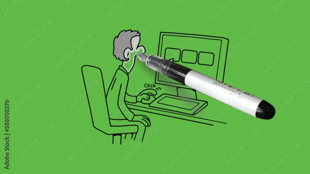 Draw backside of young man with round nose sit on chair click mouse ...