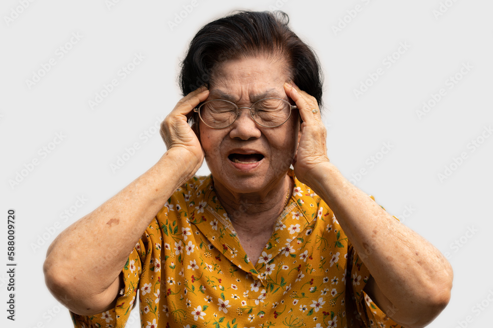 A senior woman who has a severe headache suffers from a stroke ,brain ...