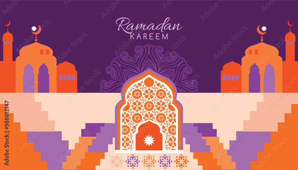 Happy Ramadan Kareem Islamic template design with Crescent, mosque ...
