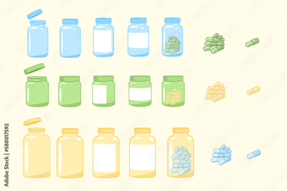 Set of empty plastic jars in blue, yellow and green, pill containers ...