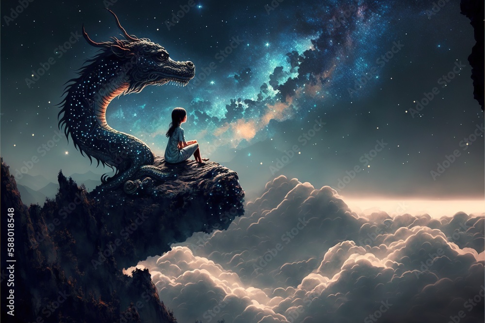 Chinese girl sitting on top of mountain above the cloud with her dragon ...