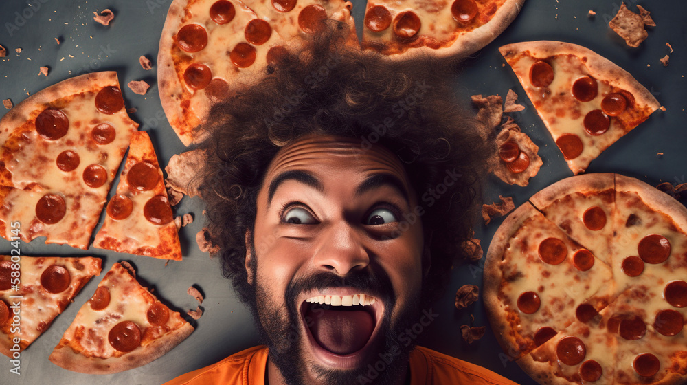 Pizza lover. Happy man's face surrounded by pizza slices. Fictional ...