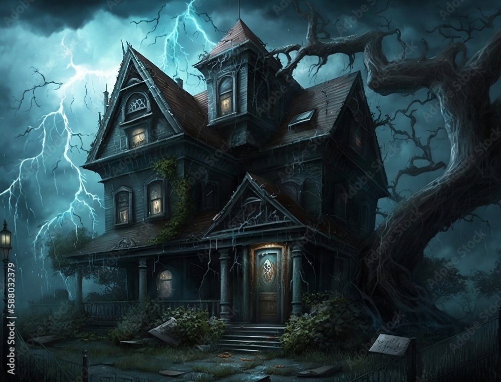 A haunted house, a creepy and rundown mansion, set during a stormy ...