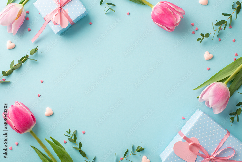 Mother's Day decorations concept. Top view photo of pink tulips present ...