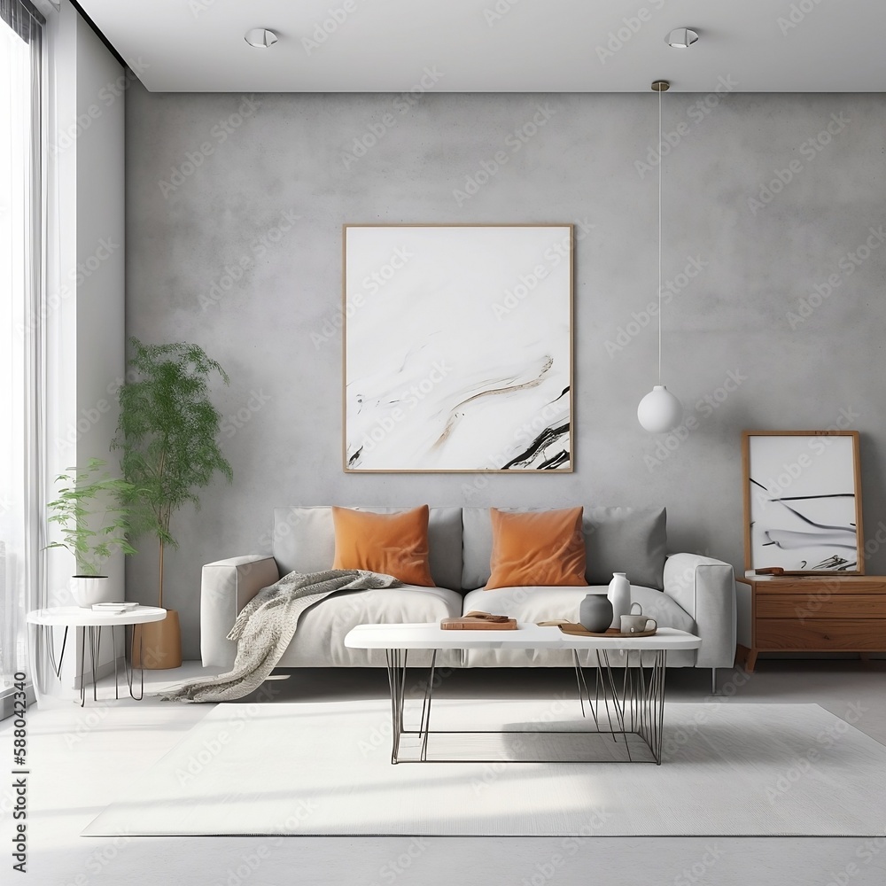 Minimal Nordic style livingroom space with modern concrete wall ...