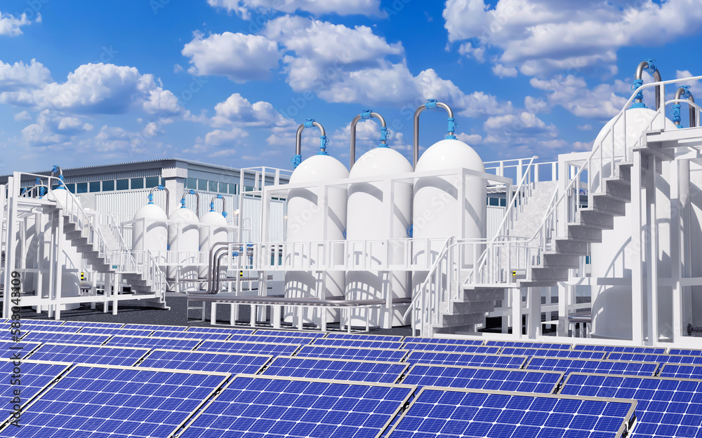 Energy industry. Factory with solar panels. Industrial area with high ...