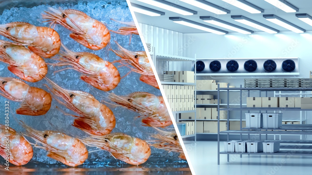Shrimp in freezer. Seafood storage equipment. Refrigerated warehouse ...