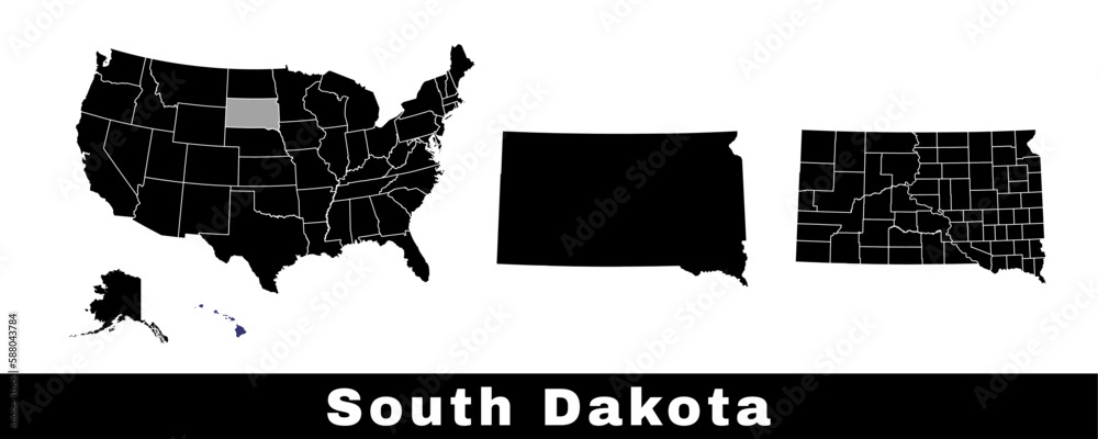 South Dakota state map, USA. Set of South Dakota maps with outline ...