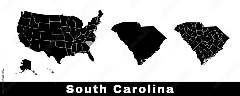 South Carolina state map, USA. Set of South Carolina maps with outline ...