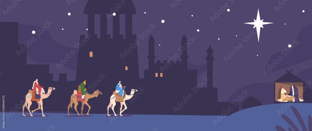 Magi Riding Camels Follow A Star Through The Night To The Baby Jesus ...