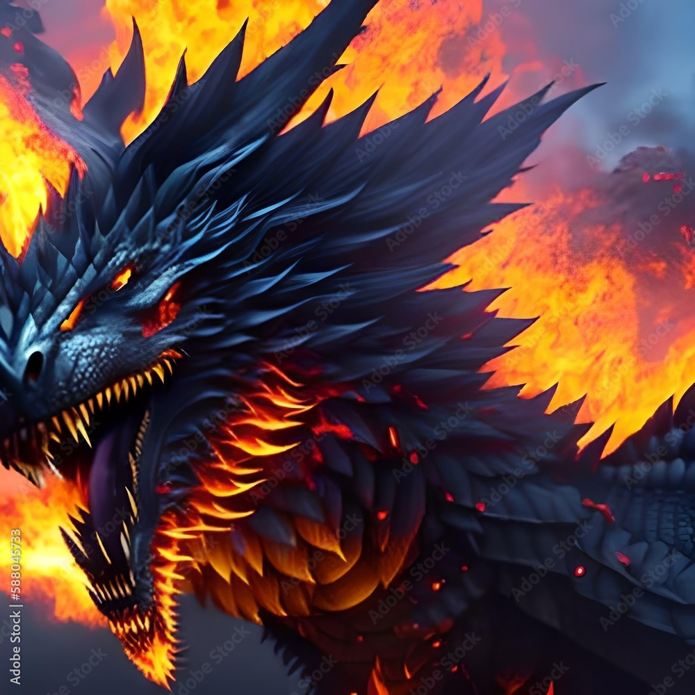 Fire breathes explode from a giant dragon in a black night, the epic ...