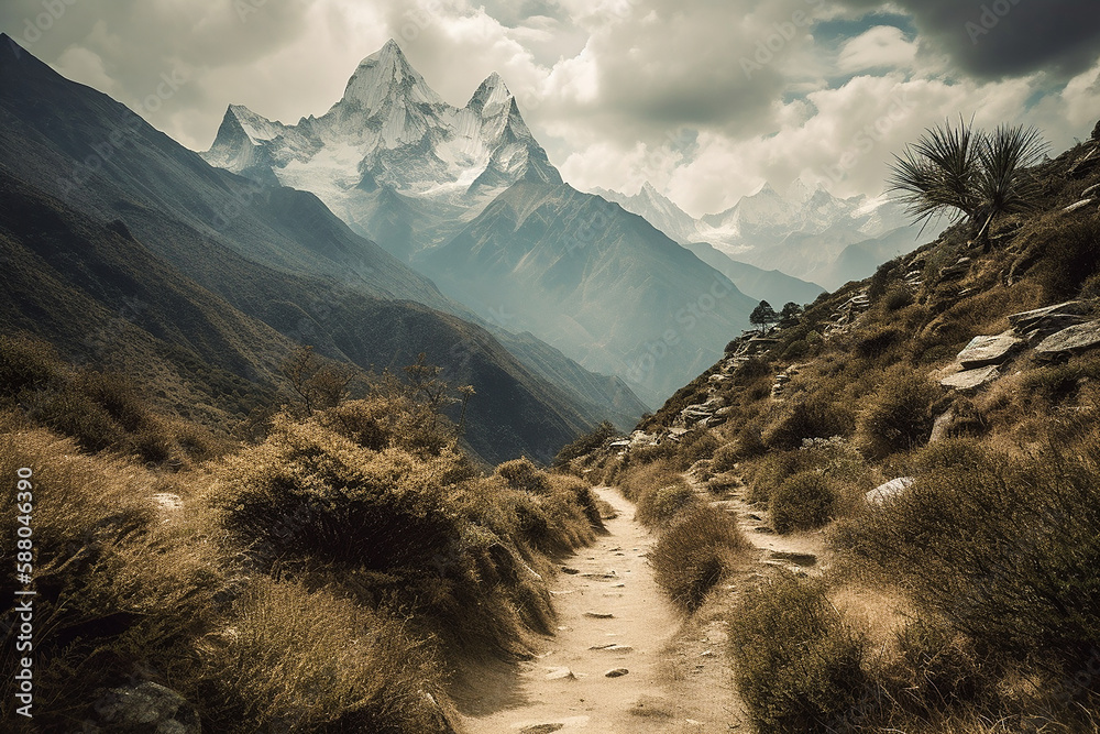 Himalayan Hiking Trail. Generative AI. A digital painting of a hiking ...