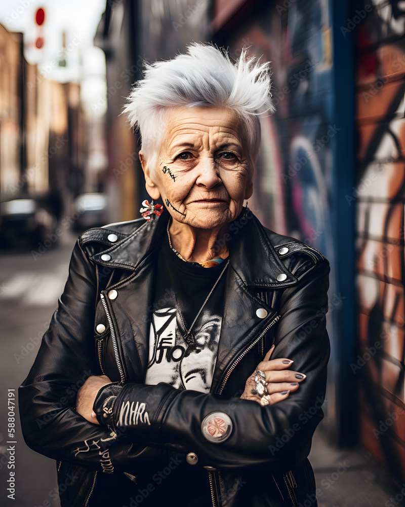 Timeless Attitude: A Leather-Clad Punk Lady at Graffiti Alley Stock ...