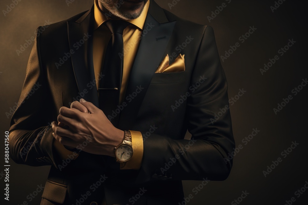 a man in a black suit and gold tie with his hands on his chest ...