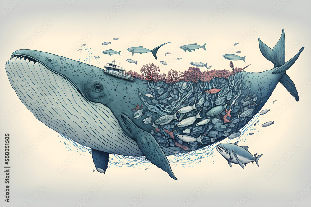 Whale in water with fish. Hand drawn illustration. A ready illustration ...